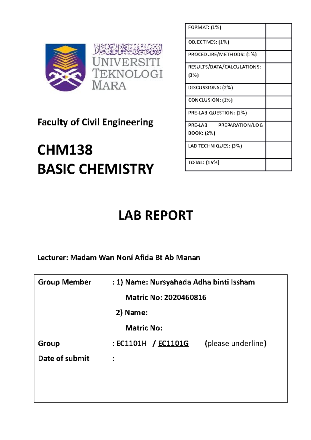 LAB Report CHM138 EC110 - Faculty of Civil Engineering CHM BASIC ...