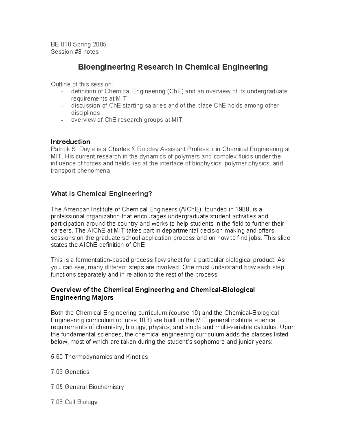 Bioengineering Research in Chemical Engineering - BE Spring 2005 ...