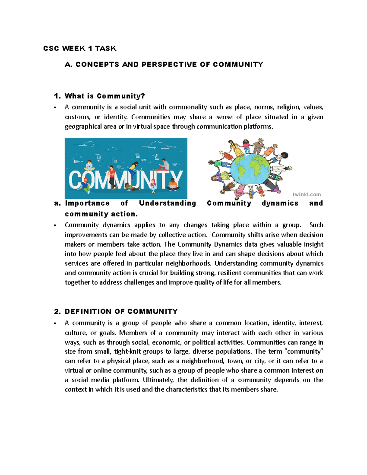 Csc Week 1 Task Week 1 Task Csc Week 1 Task A Concepts And Perspective Of Community What Is