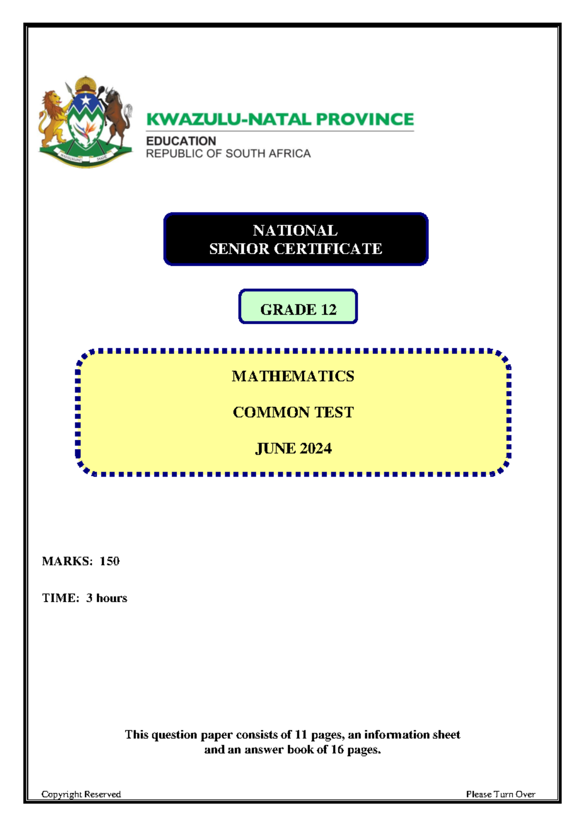 2024 GR 12 JUNE Maths P2 KZN - MARKS: 150 TIME: 3 hours This question paper consists of 11 pages ...