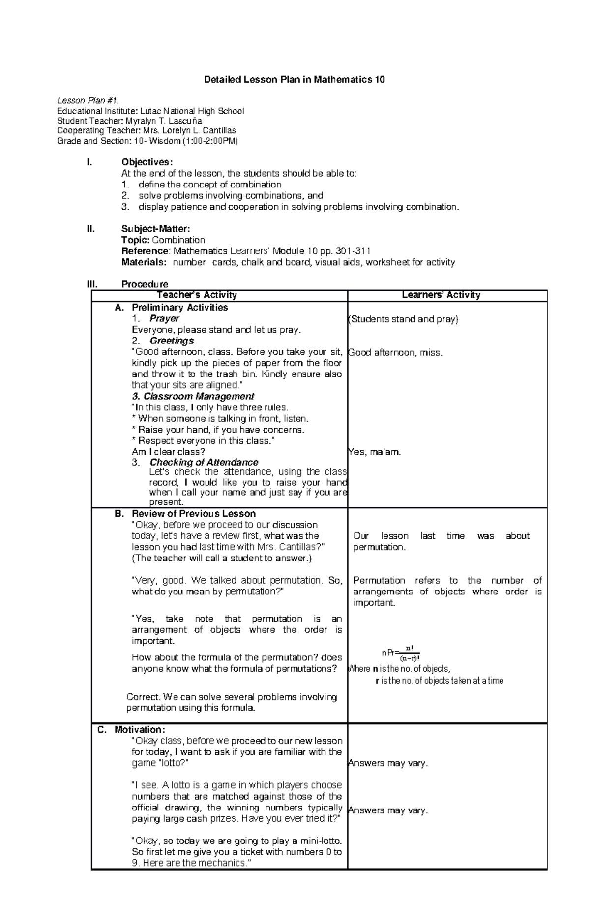 Detailed Lesson Plan in Mathematics 10 - Educational Institute: Lutac ...