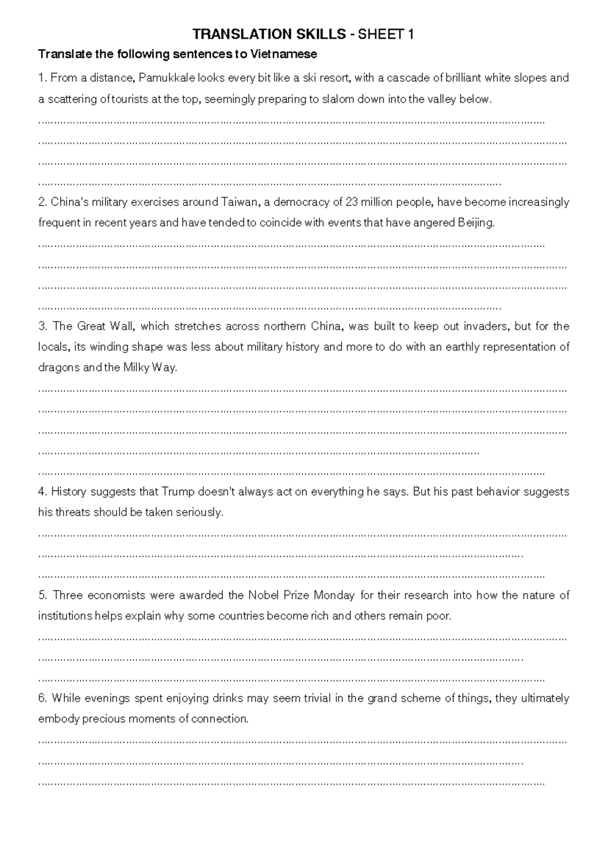 Translation Skills - ĐHSP - TRANSLATION SKILLS - SHEET 1 Translate the ...