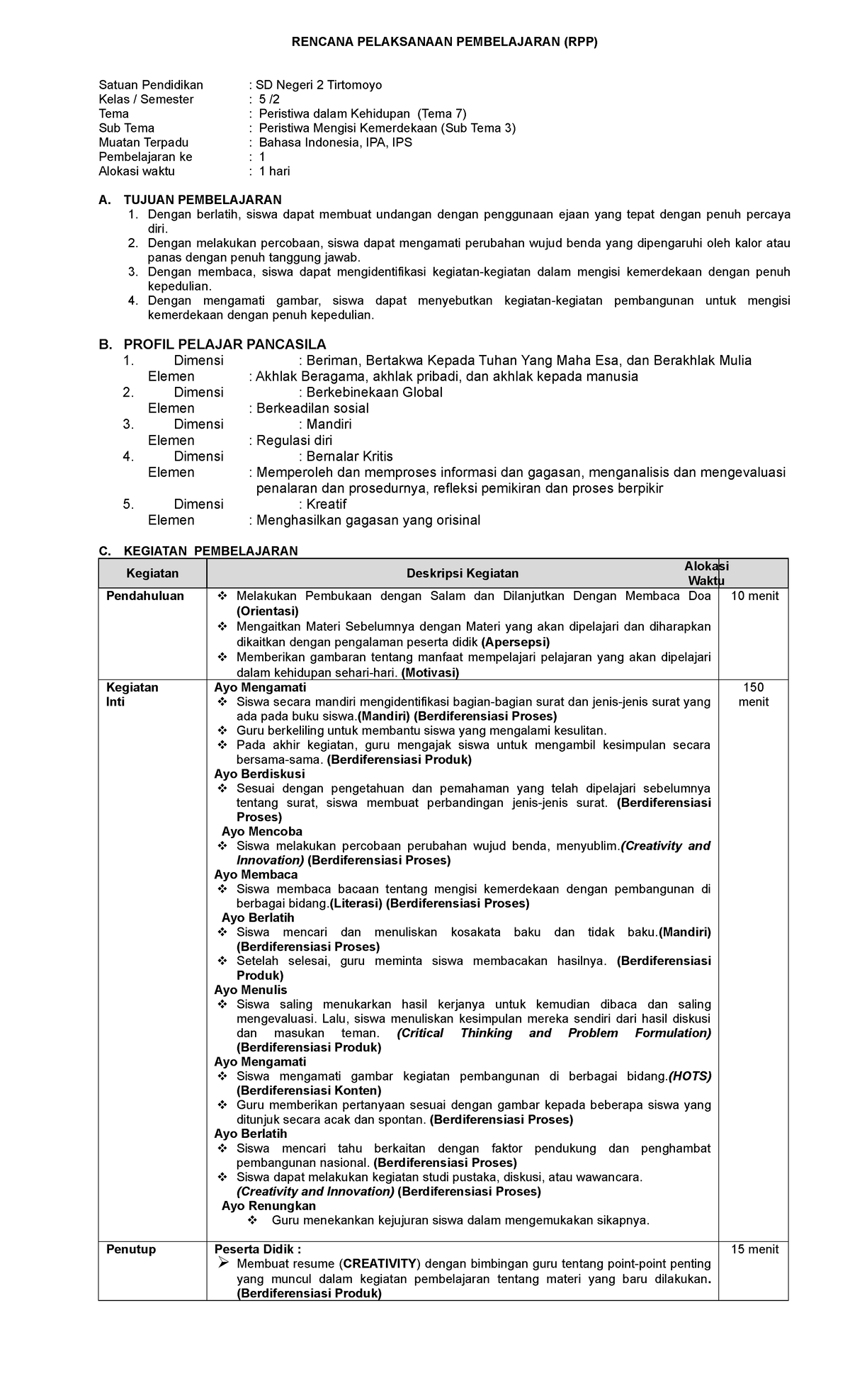 5 7 3 1 Kelas 5 T7 ST3 PB1 RENCANA PELAKSANAAN PEMBELAJARAN RPP
