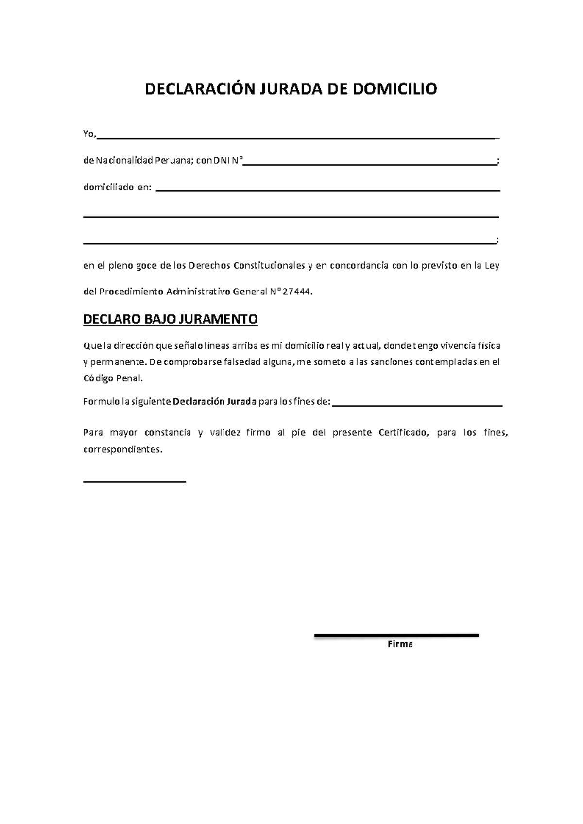 DDJJ Domicilio - DECLARACIÓN JURADA DE DOMICILIO ; en el pleno goce de ...