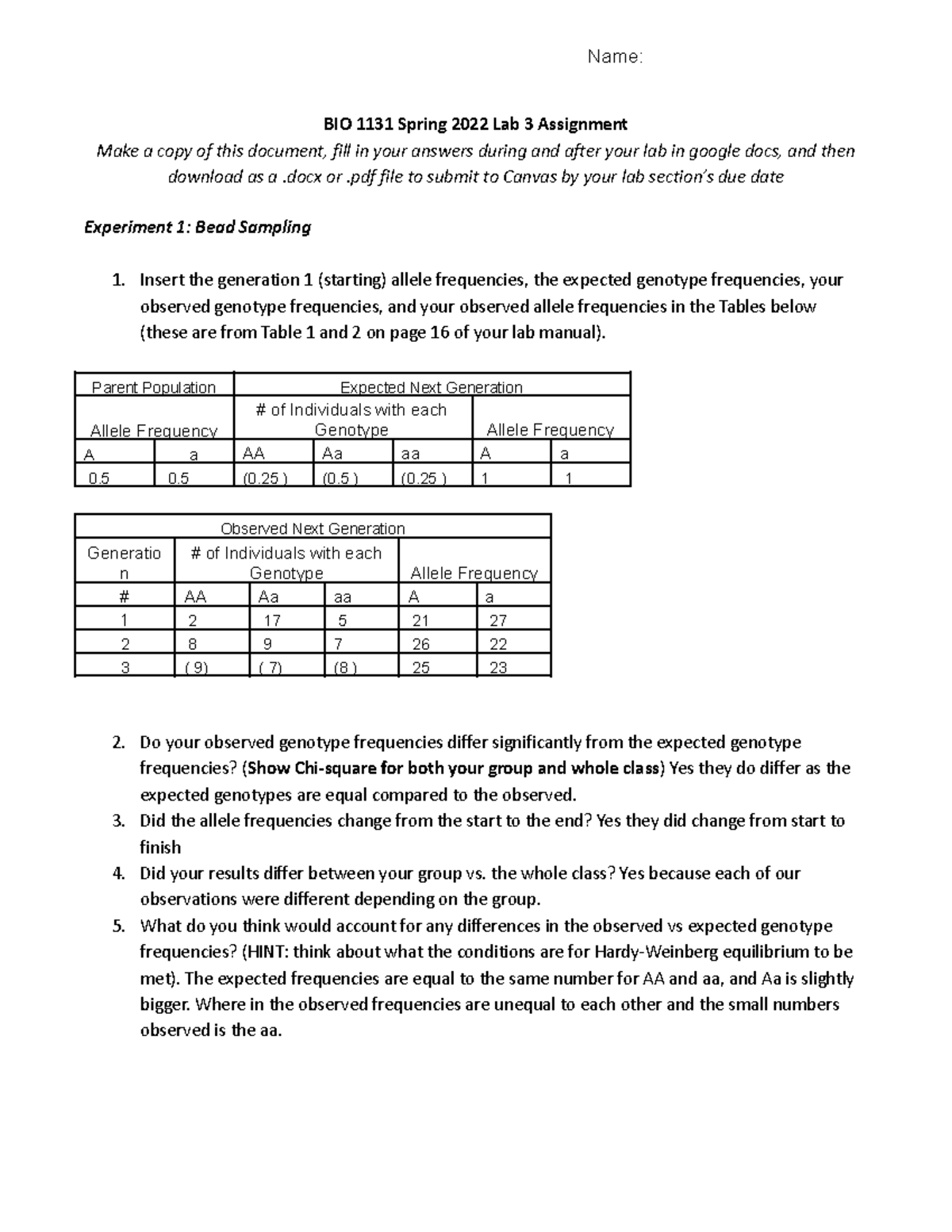 Copy of Lab 3 Population Genetics FA22 Worksheet 2 - BIO 1131 Spring 2022 Lab 3 Assignment Make ...