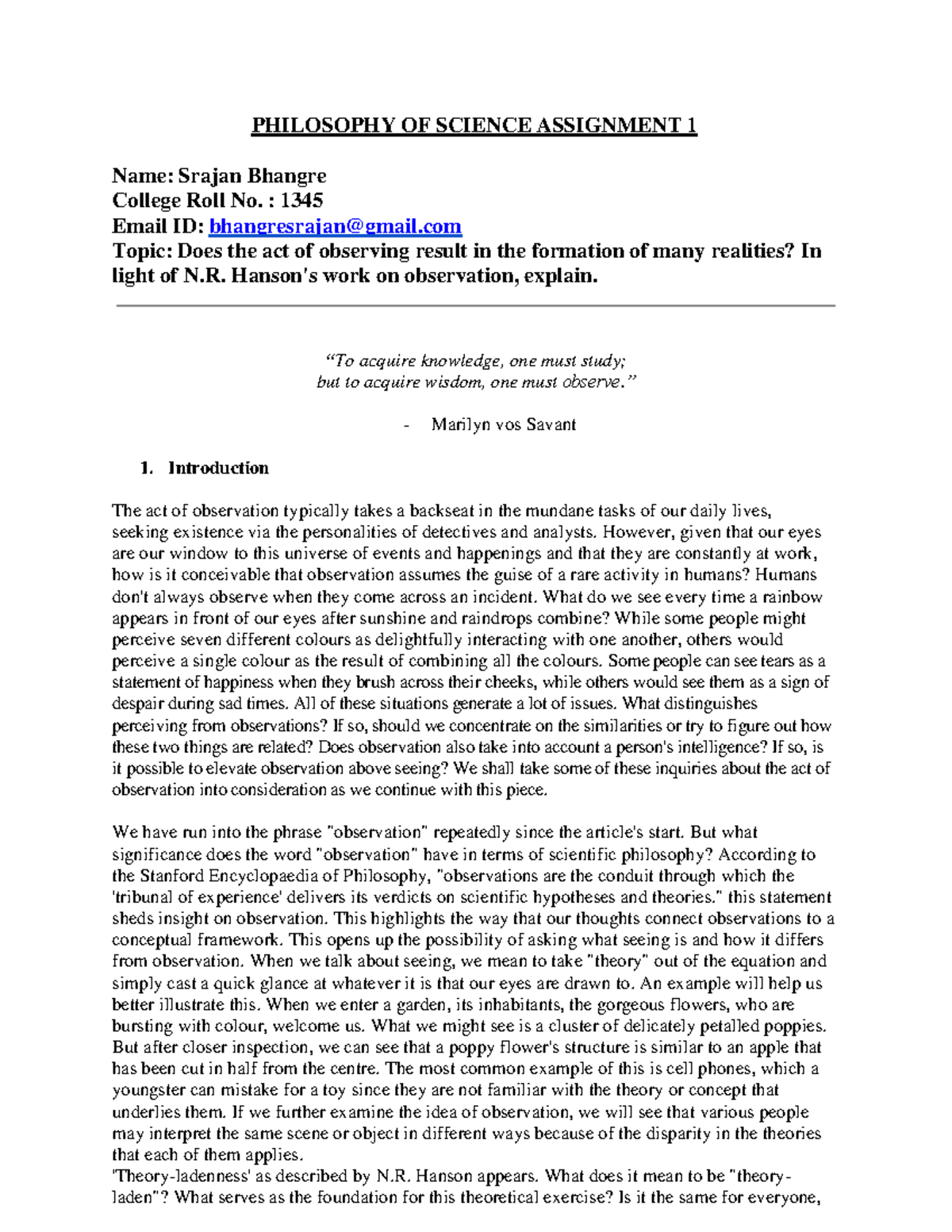 Philosophy of Science Assignment 1- Srajan 1345 - PHILOSOPHY OF SCIENCE ...