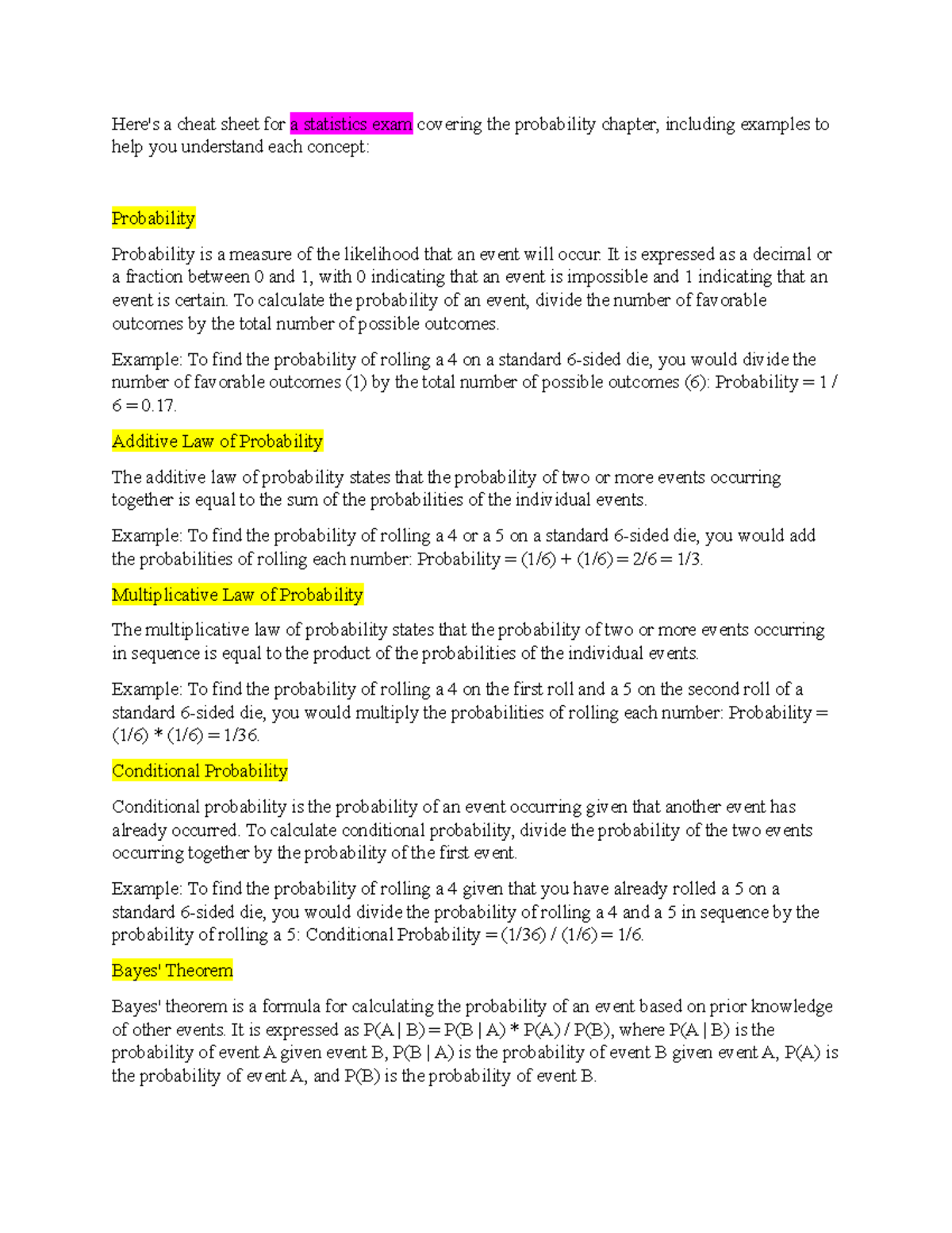 Stat cheat sheet probability - Here's a cheat sheet for a statistics ...