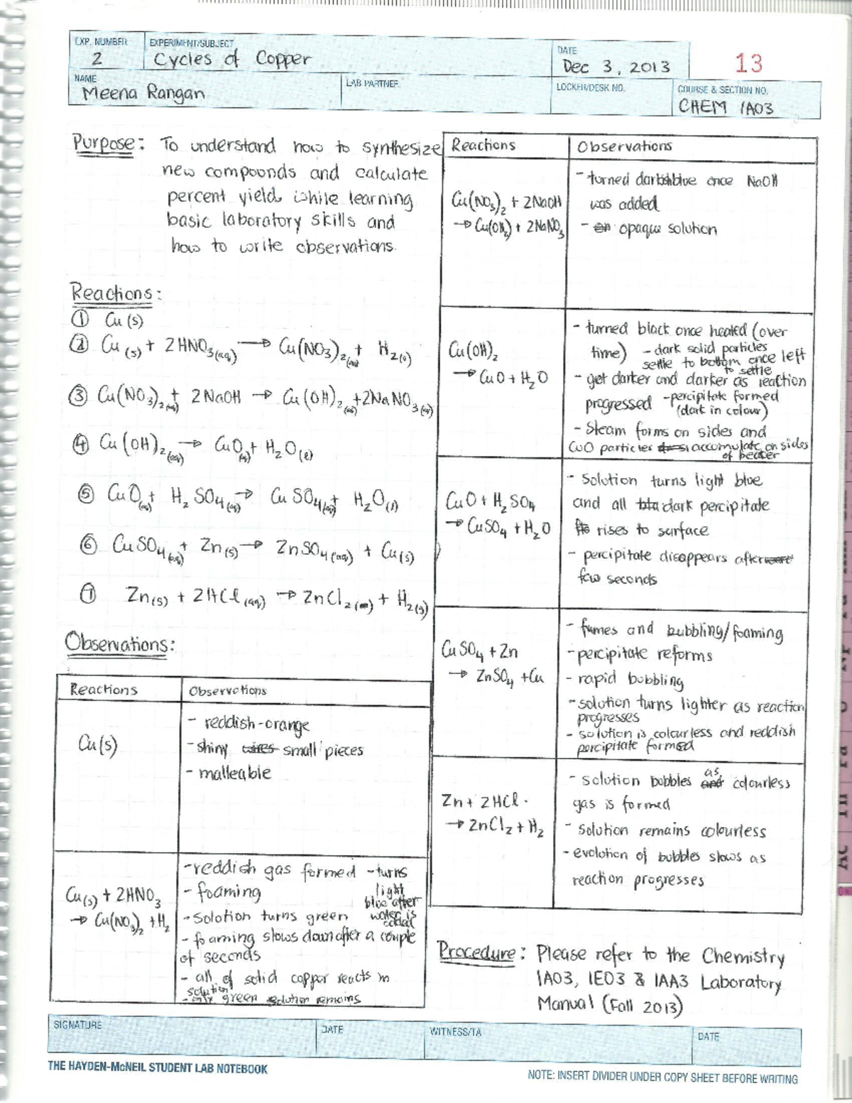 Cycles of Copper Lab - Chem 1A03 - Studocu