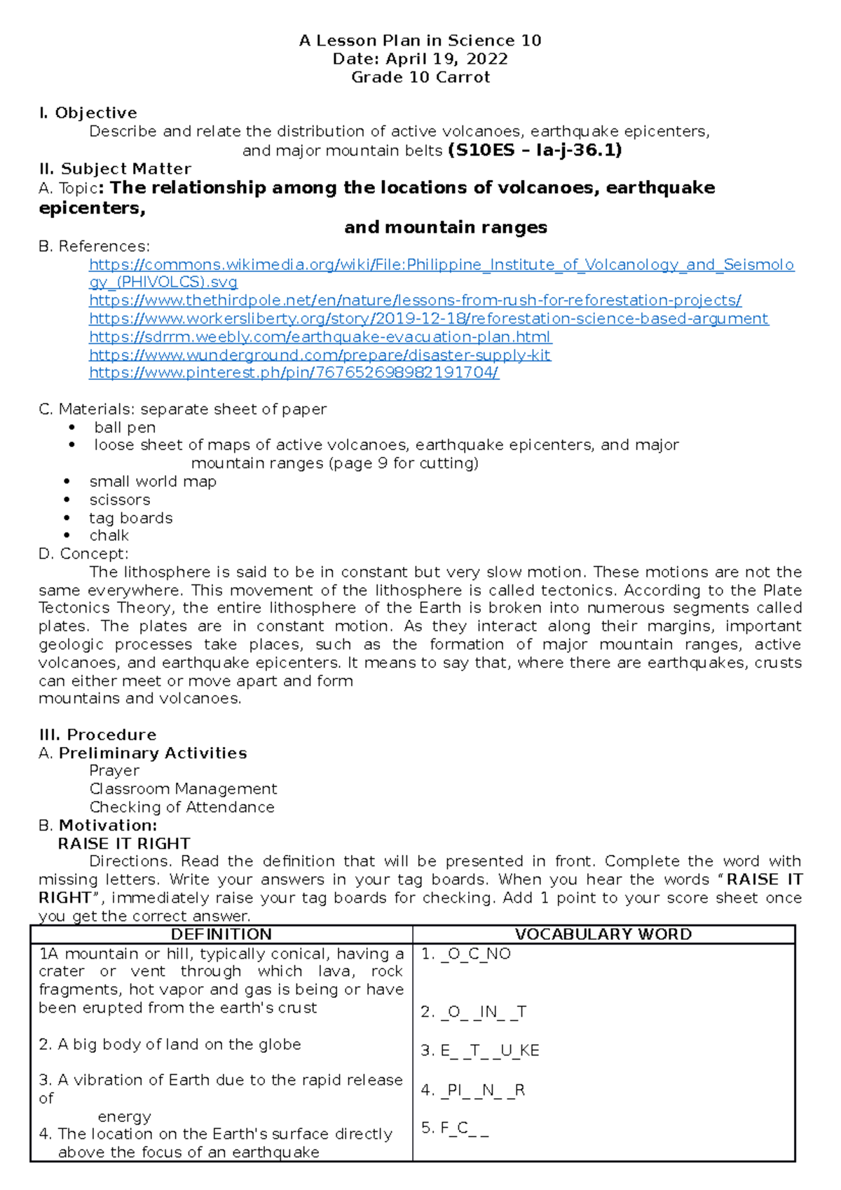 Lesson 1 - A Lesson Plan in Science 10 Date: April 19, 2022 Grade 10 ...