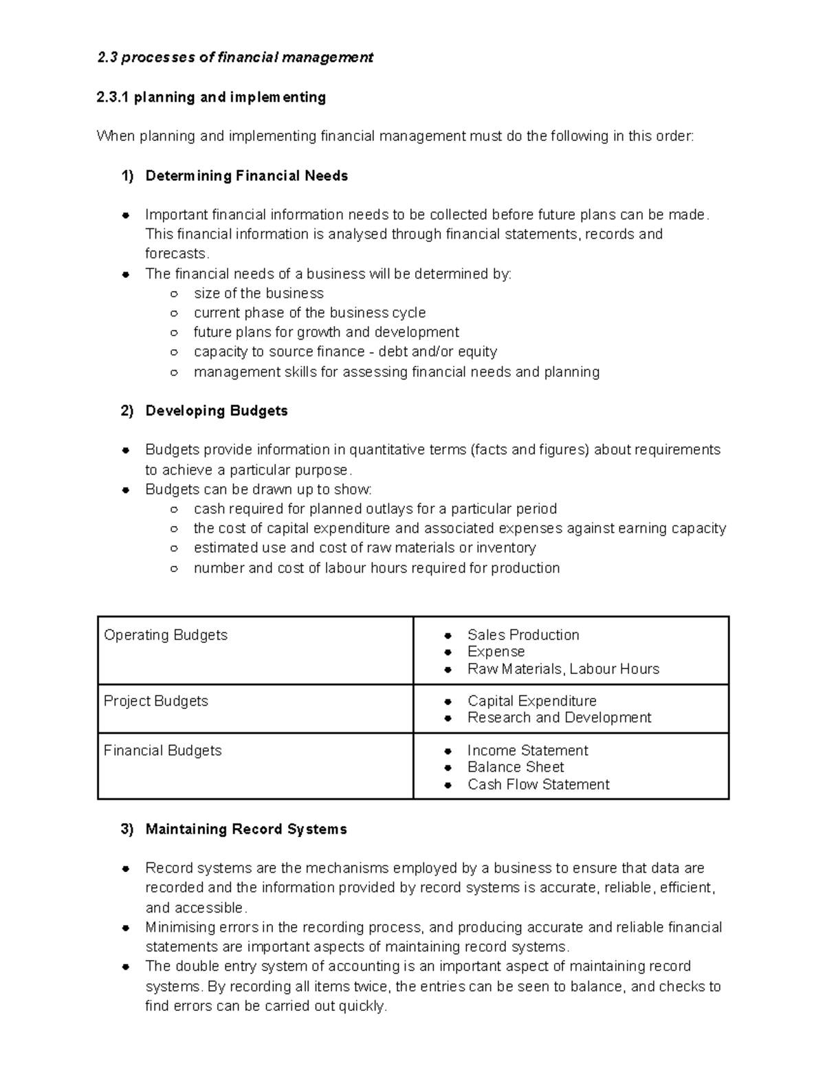 HSC Business Studies - Processes of Financial Management Summary - 2 ...