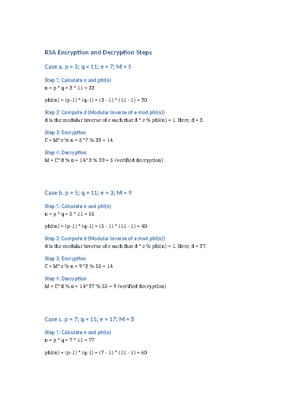 1 - Hint - RSA Encryption and Decryption Steps Case a. p = 3; q = 11; e = 7; M = 5 Step 1 ...