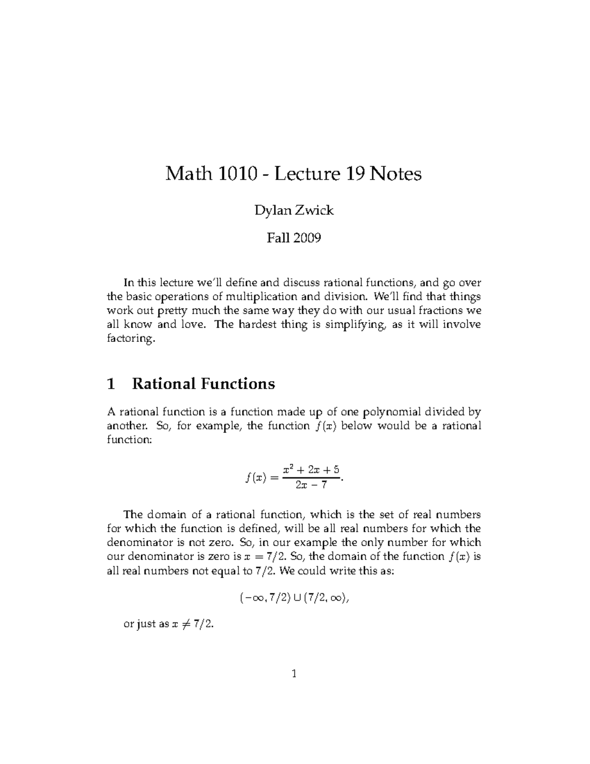 Lecture notes, lecture 19 - with solutions - Math 1010 - Lecture 19 ...