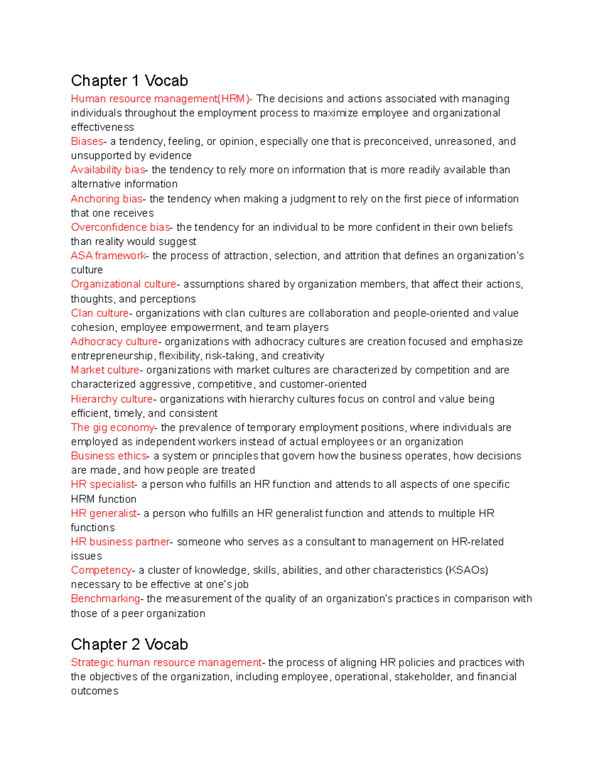Chapter 1 and 2 Vocab - Chapter 1 Vocab Human resource management(HRM ...