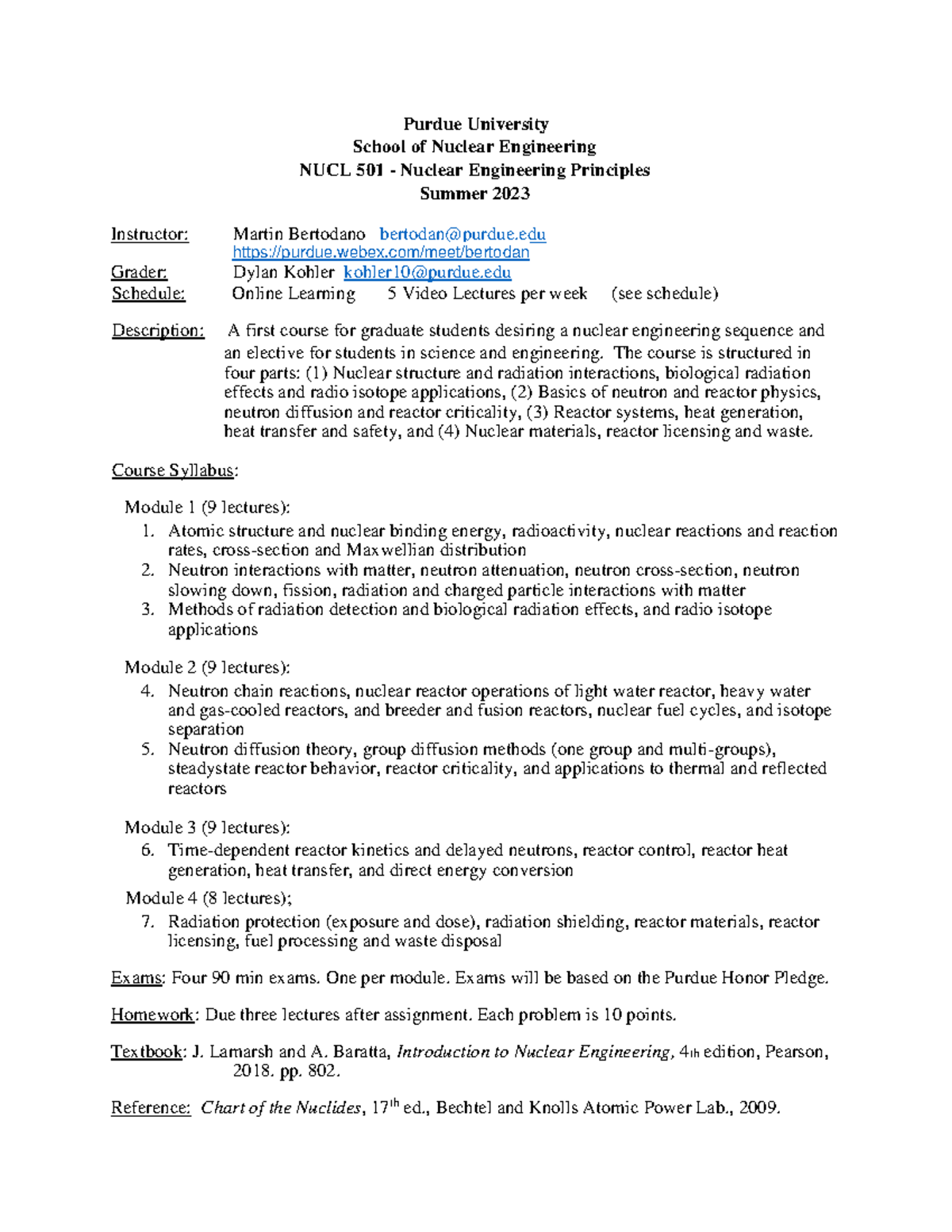 NUCL 501 Online Syllabus Summer 2023 - Purdue University School of Nuclear Engineering NUCL 501 ...