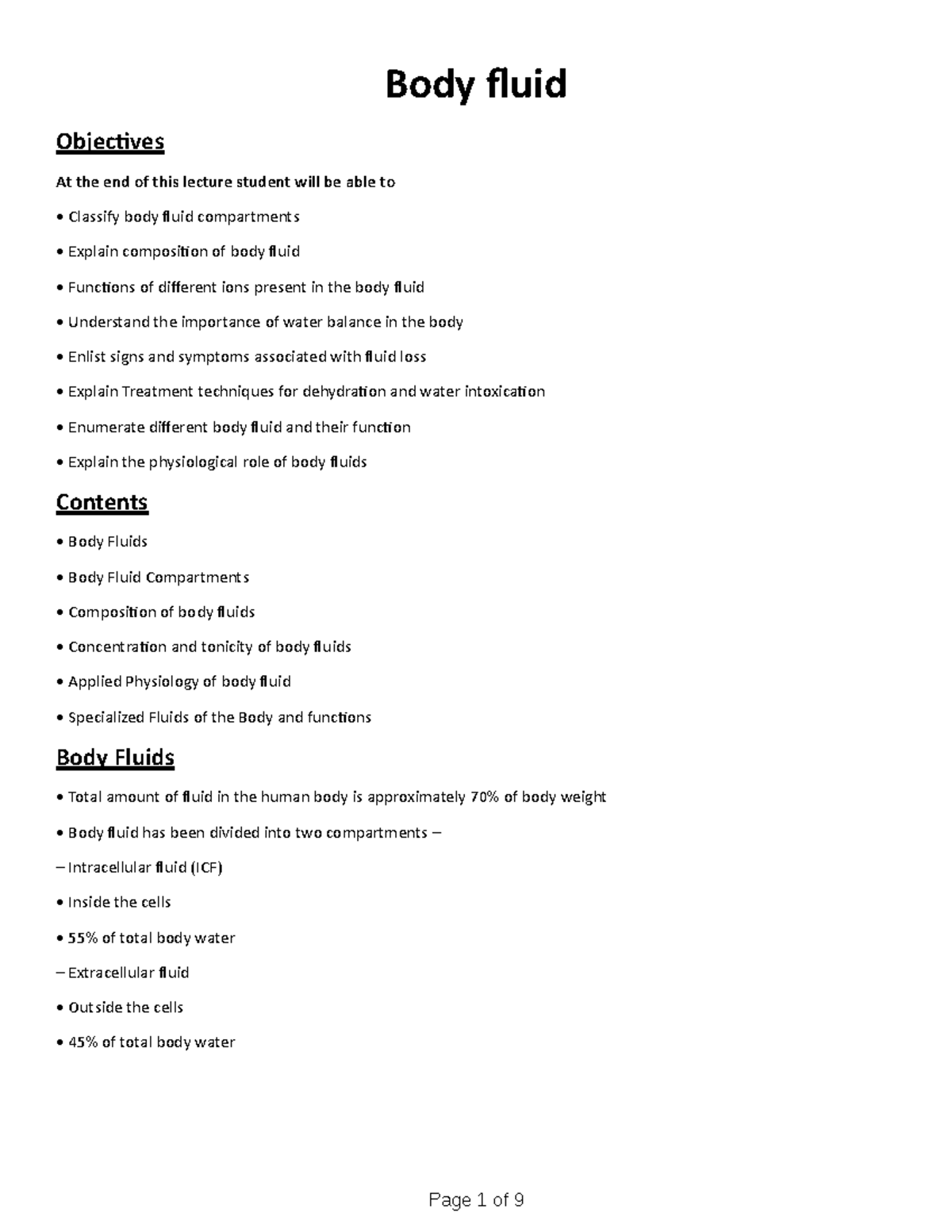 Body fluid - Page 1 of 9 Objectives Body fluid At the end of this ...