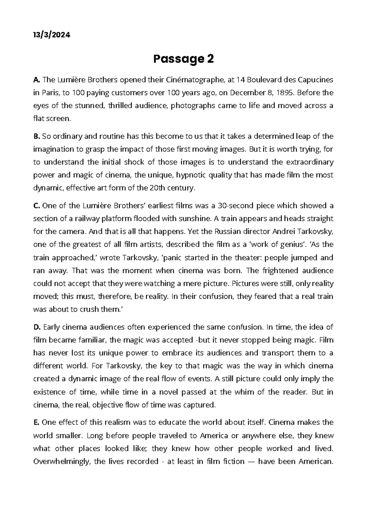 Reading Passage 2 - 13/3/ Passage 2 A. The Lumière Brothers opened ...