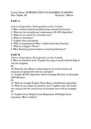 Machine learning question paper 3 - Course Name: INTRODUCTION TO ...