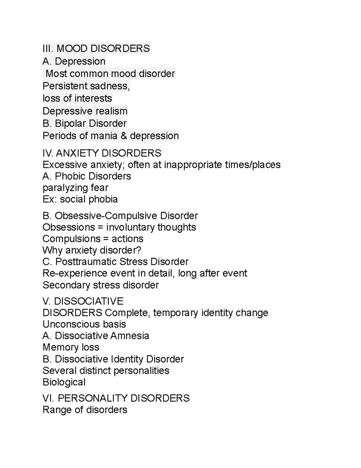 Psych 40 - Practice materials with notes - III. MOOD DISORDERS A ...