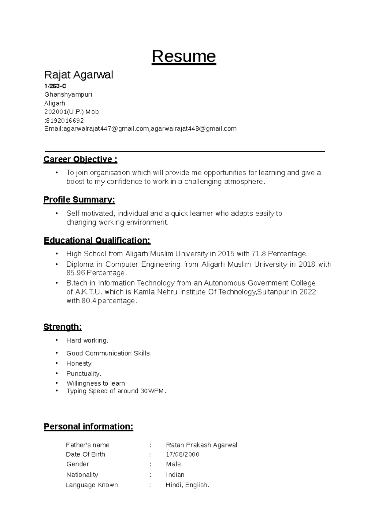 AMU Resume - this is the tutorial work. - Resume Rajat Agarwal 1/263-C ...