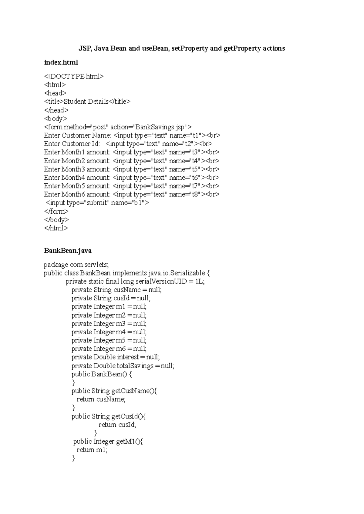JSP and java bean - JSP, Java Bean and useBean, setProperty and getProperty actions index - Studocu