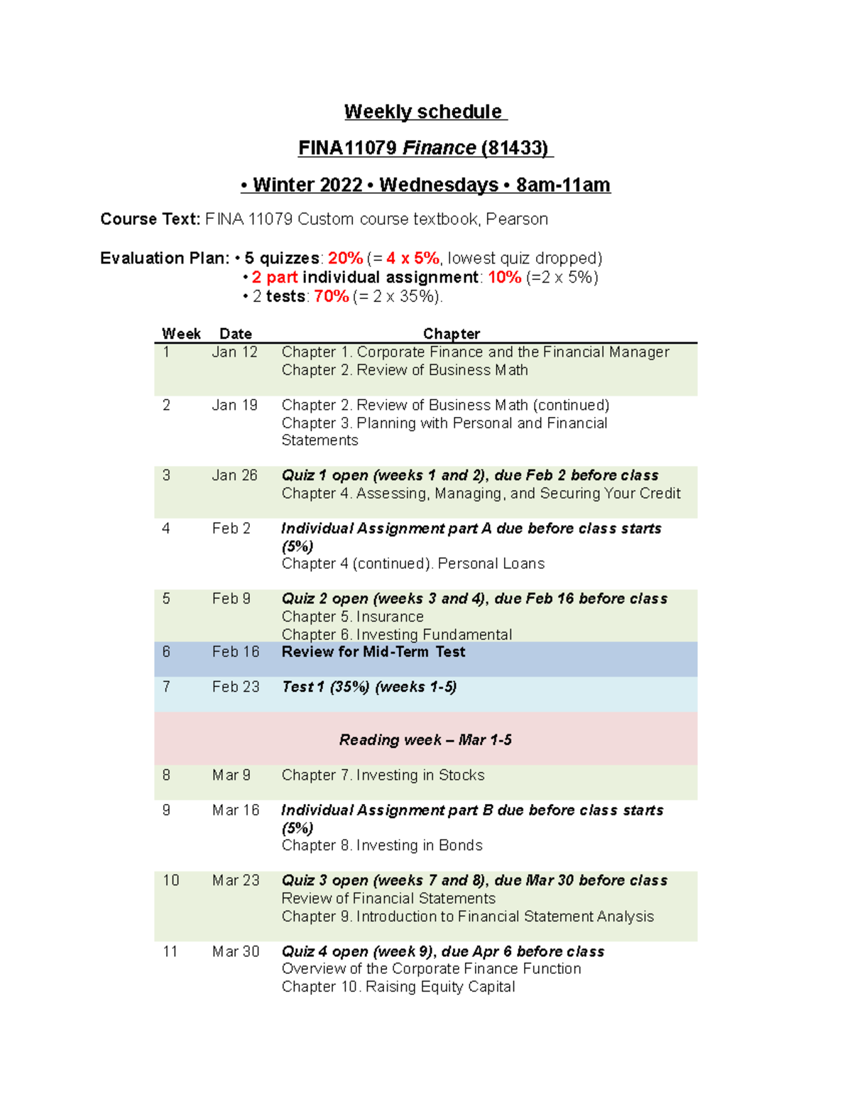 Finance Weekly Schedule - Wednesday 8am-11am - Weekly schedule ...