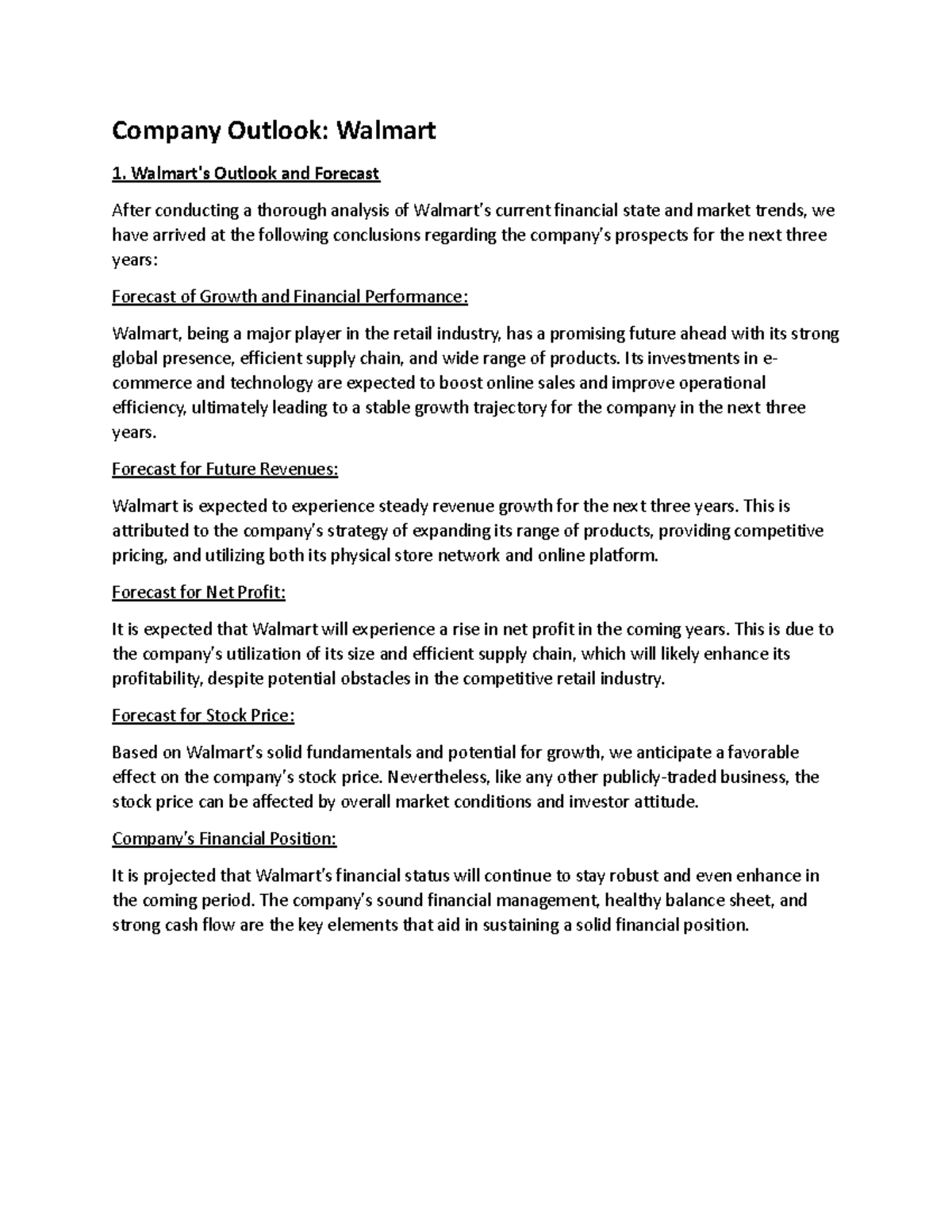 Company-outlook-walmart - Company Outlook: Walmart 1. Walmart's Outlook ...