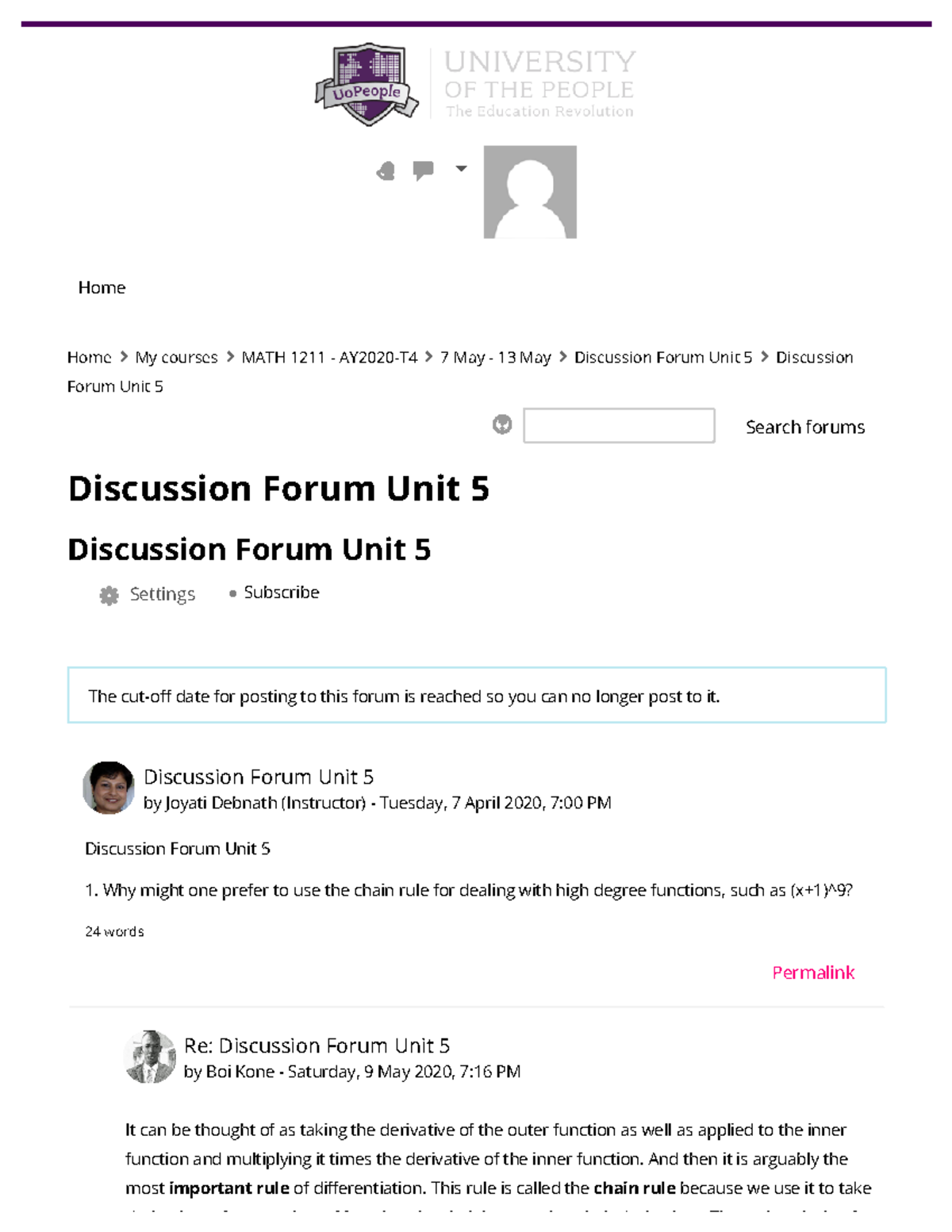 MATH 1211 - Discussion Forum Unit 5 - MATH 1211 - UoPeople - Studocu