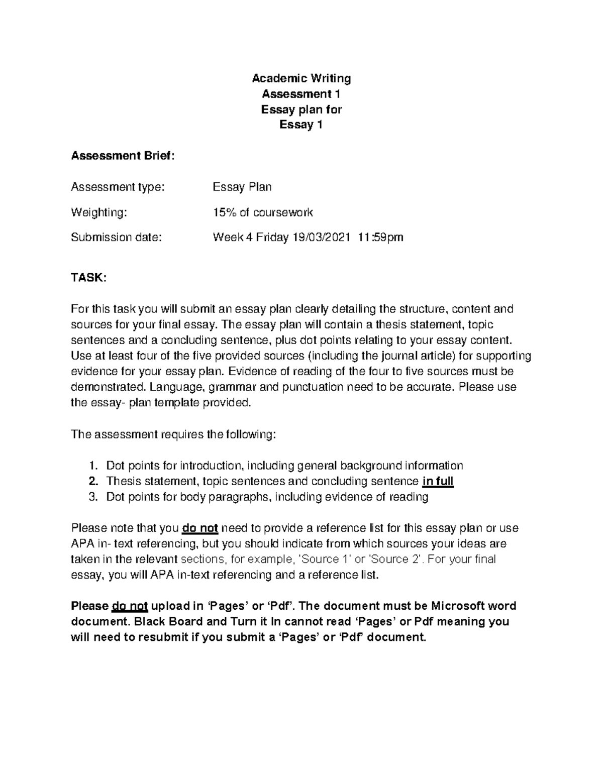 Assesment 1 notification - Academic Writing Assessment 1 Essay plan for ...