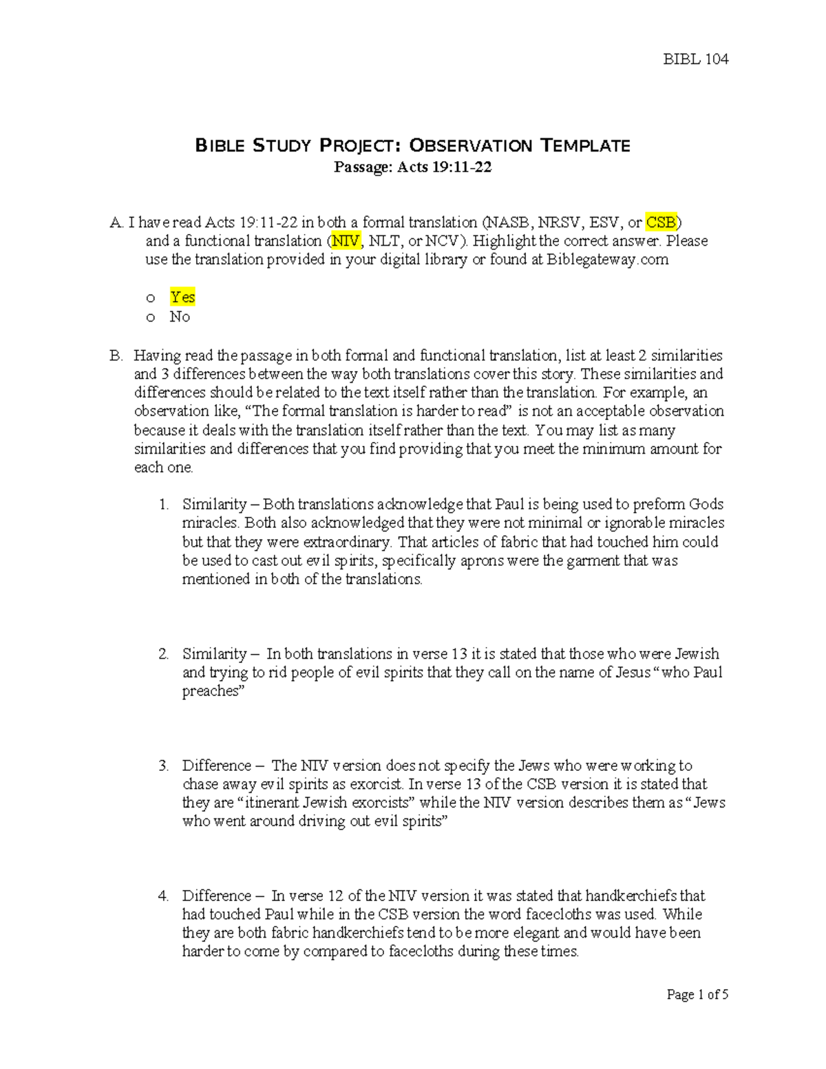 Bible Study Project - BIBLE STUDY PROJECT: OBSERVATION TEMPLATE Passage ...