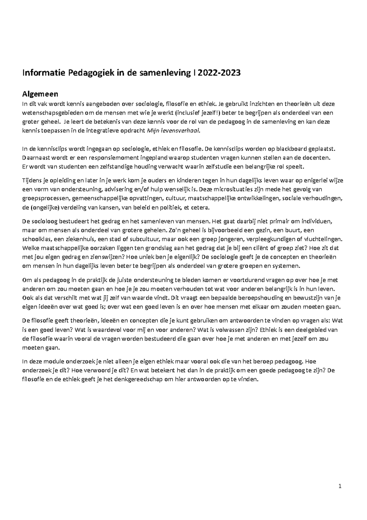 Informatie Pedagogiek in de Samenleving I 2022-2023(1) - Informatie ...
