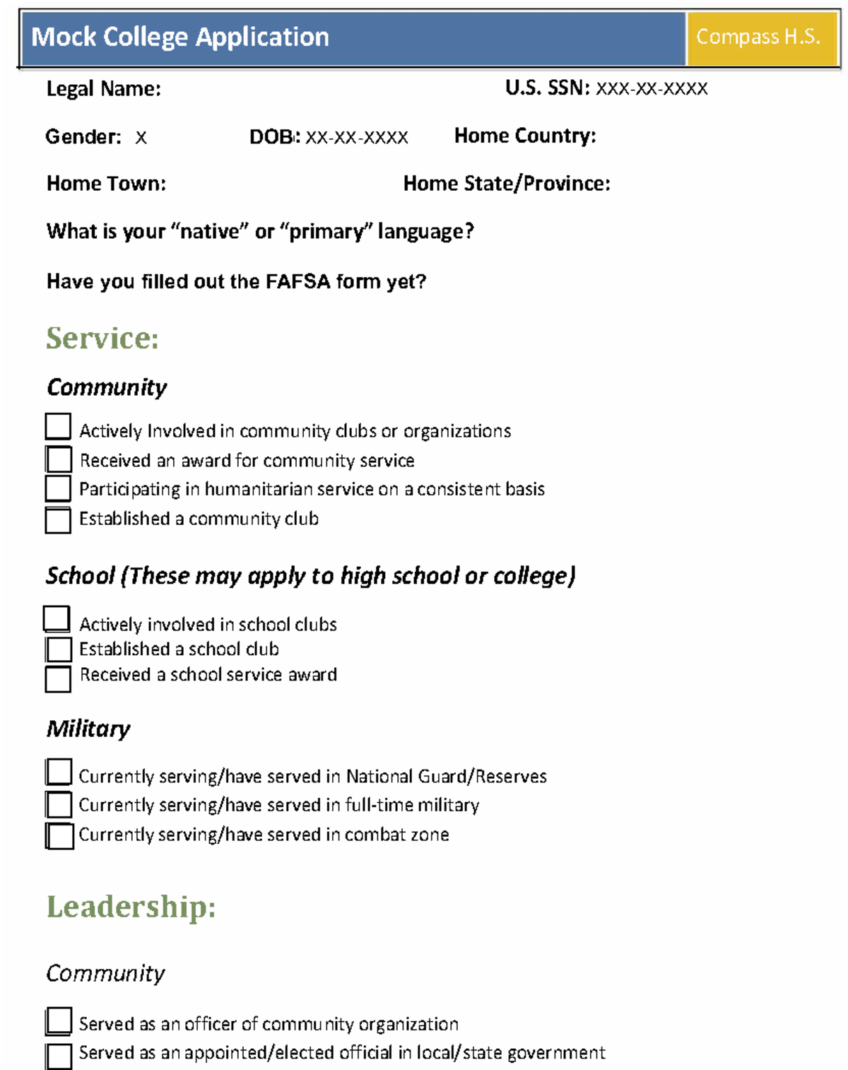 Mock Application - Mock College Application Compass H. Legal Name ...