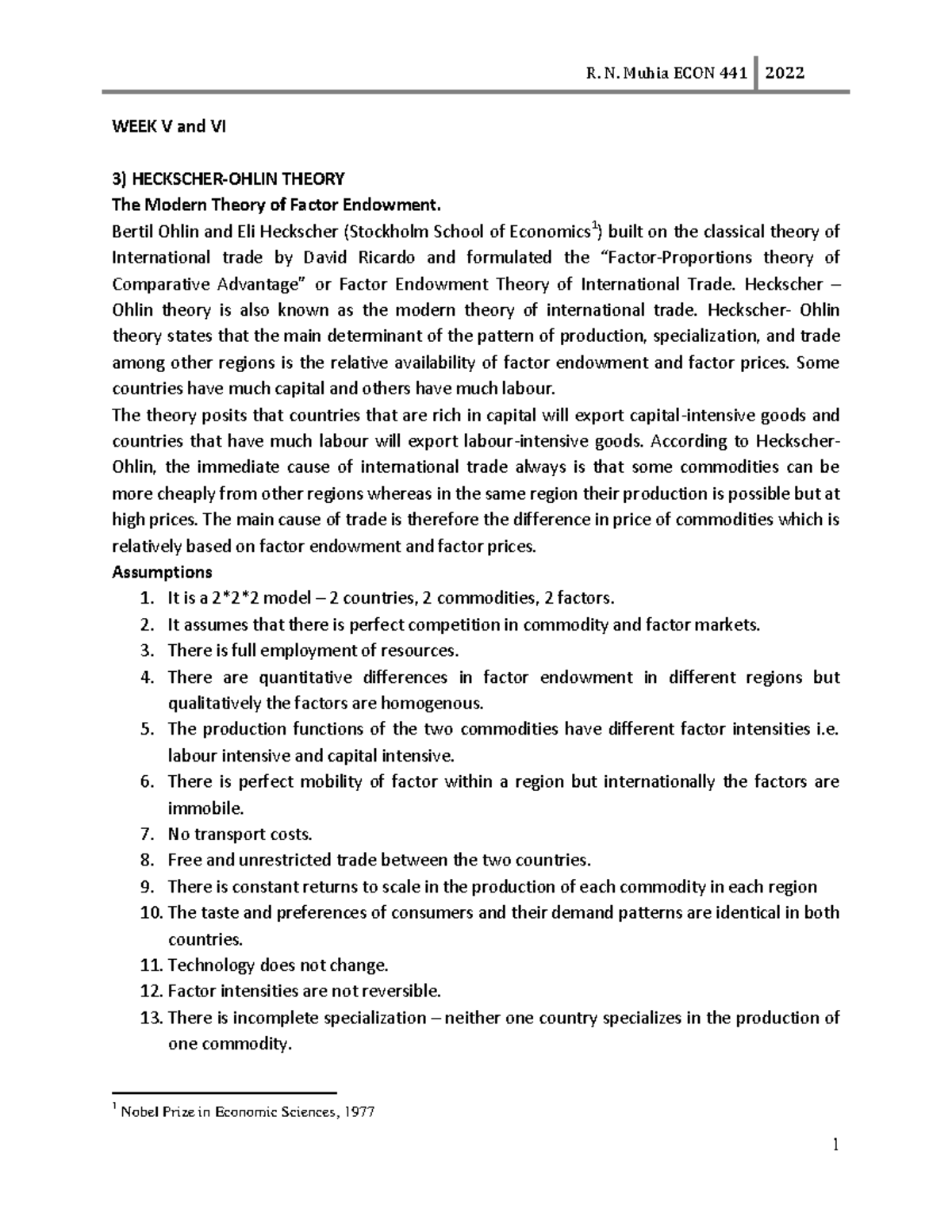 WEEK V and VI Heckscher Ohlin and Leontief and Samuelson and Rybczynski ...