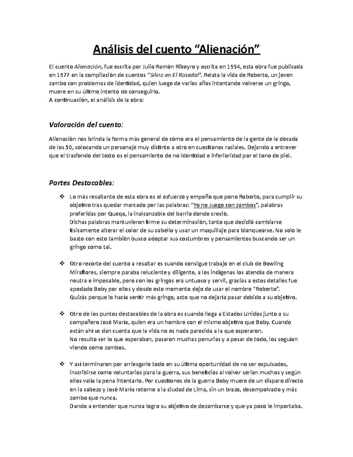 Análisis del cuento Aleinación - Análisis del cuento “Alienación” El ...