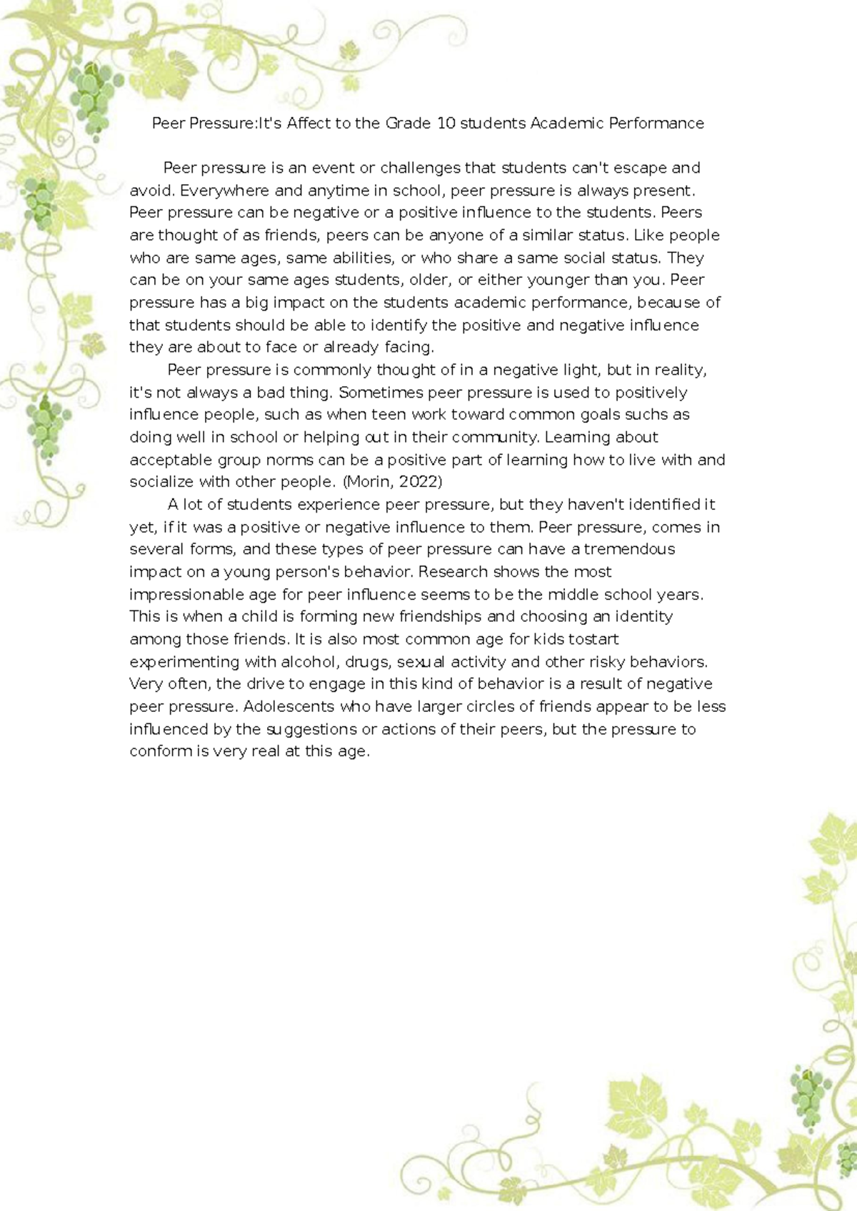 Peer pressure intro - Peer Pressure:It's Affect to the Grade 10 ...