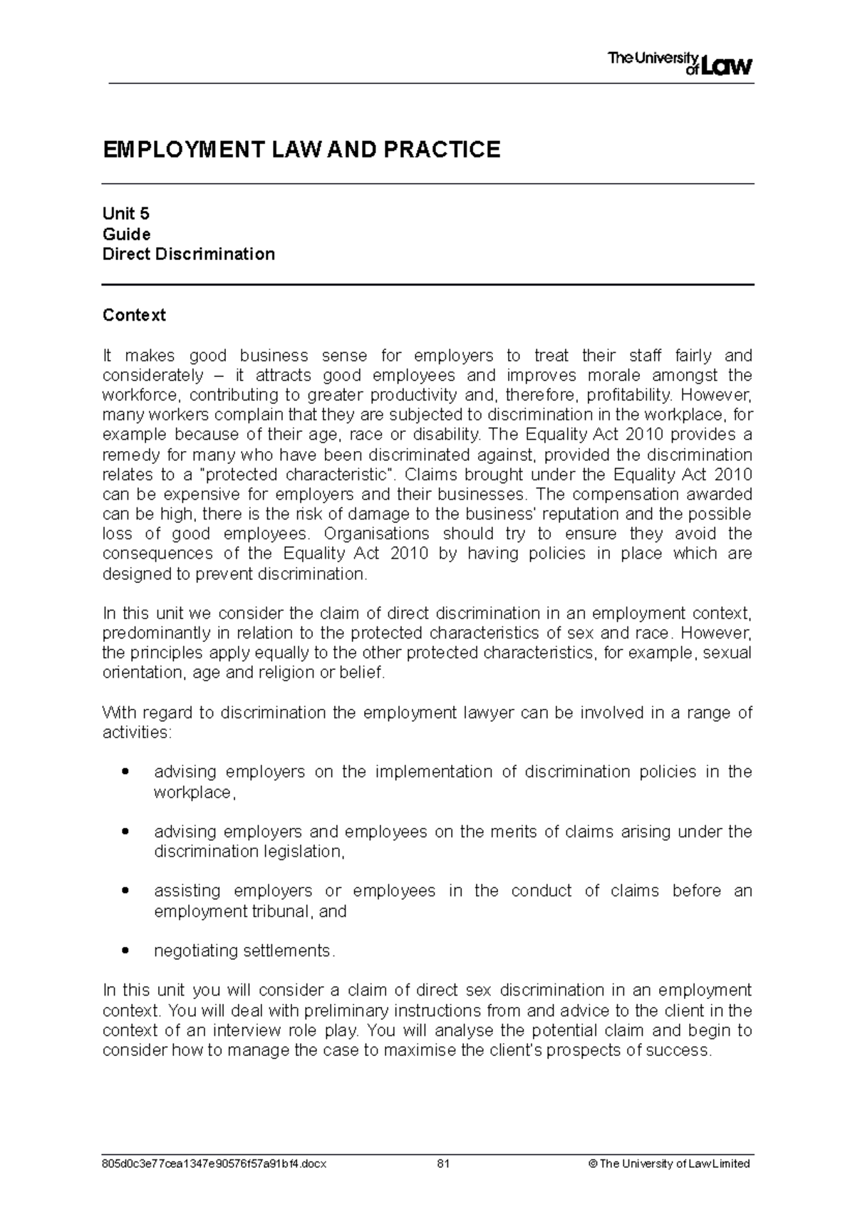 Employment Law 5 - Lecture notes 5 - EMPLOYMENT LAW AND PRACTICE Unit 5 ...