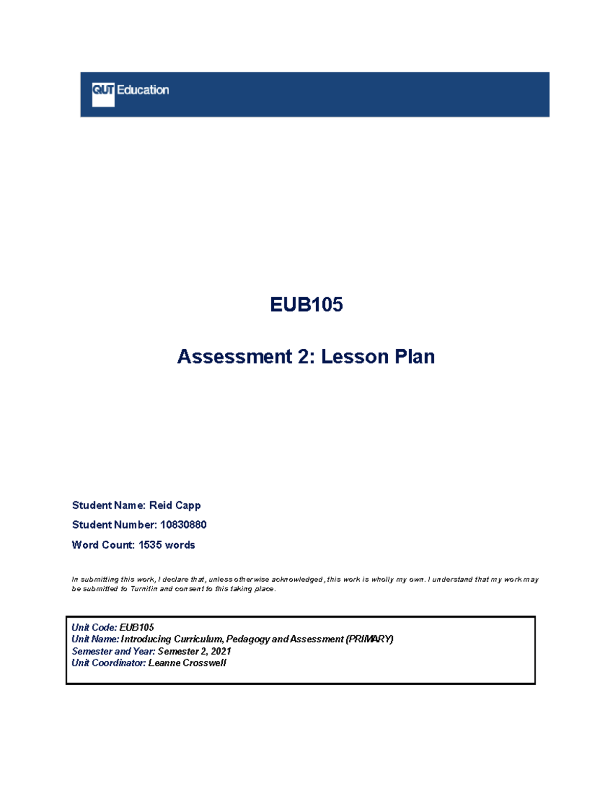 EUB105 Assessment 2 Lesson Plan - EUB Assessment 2: Lesson Plan Student ...