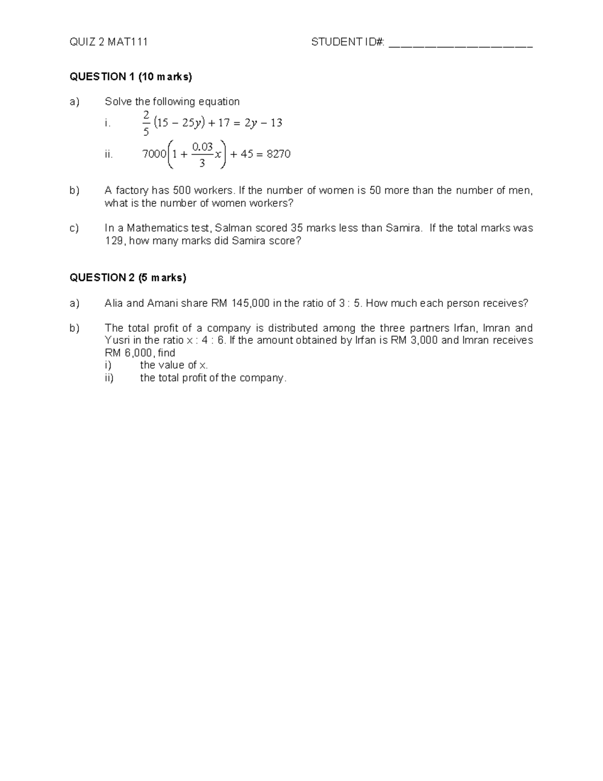 Quiz 2 Mathematics in business - QUIZ 2 MAT111 STUDENT ID ...