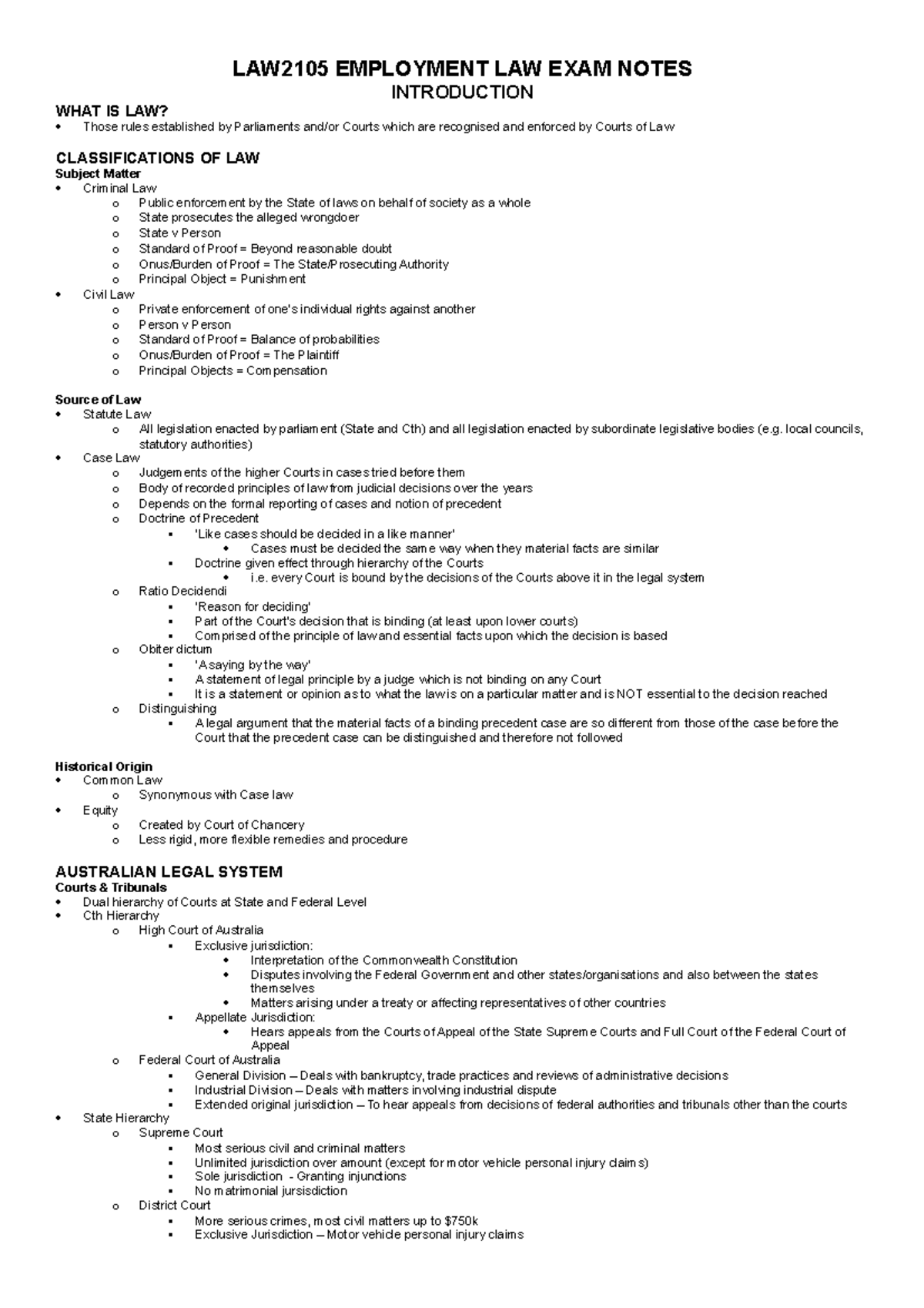 LAW2105 Employment LAW EXAM Notes - LAW2105 EMPLOYMENT LAW EXAM NOTES ...