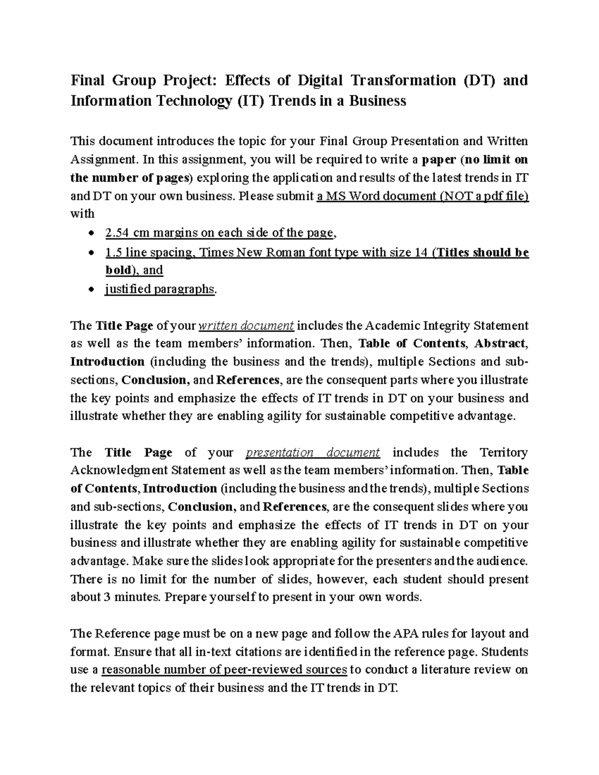 Final Group Project - In this assignment, you will be required to write a paper (no limit on the ...