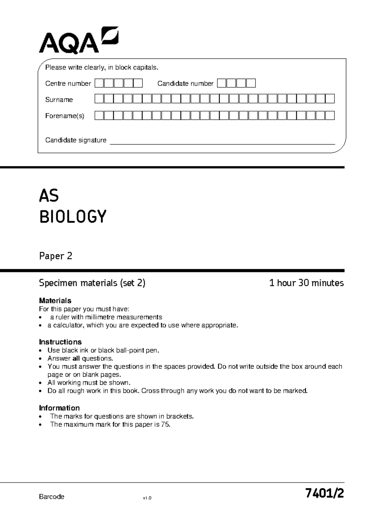 Paper 2 (set 2) Exam paper - Barcode v1 7401/ AS BIOLOGY Paper 2 ...