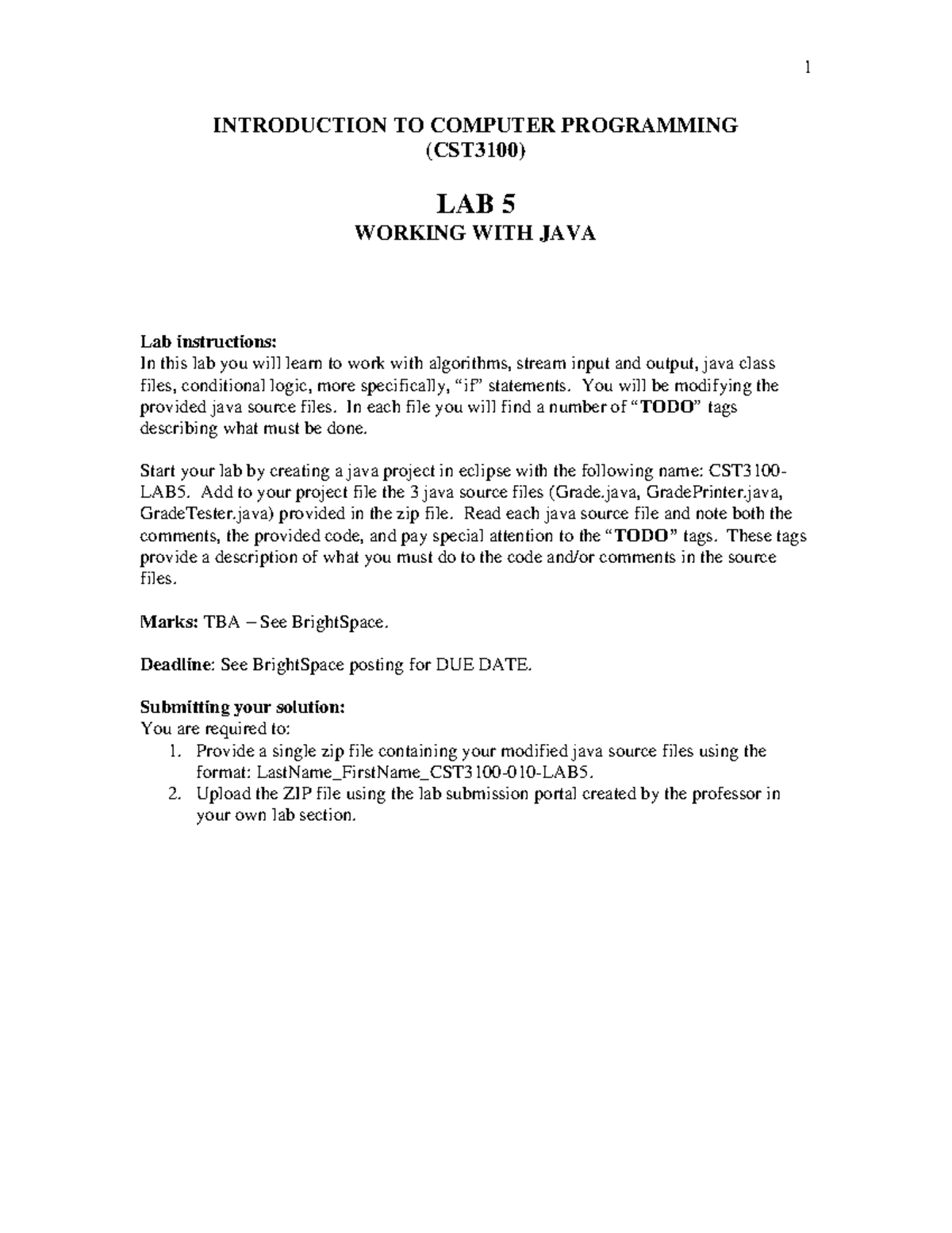 CST3100-F23 - Lab 5 - its is work - 1 INTRODUCTION TO COMPUTER PROGRAMMING (CST3100) LAB 5 ...