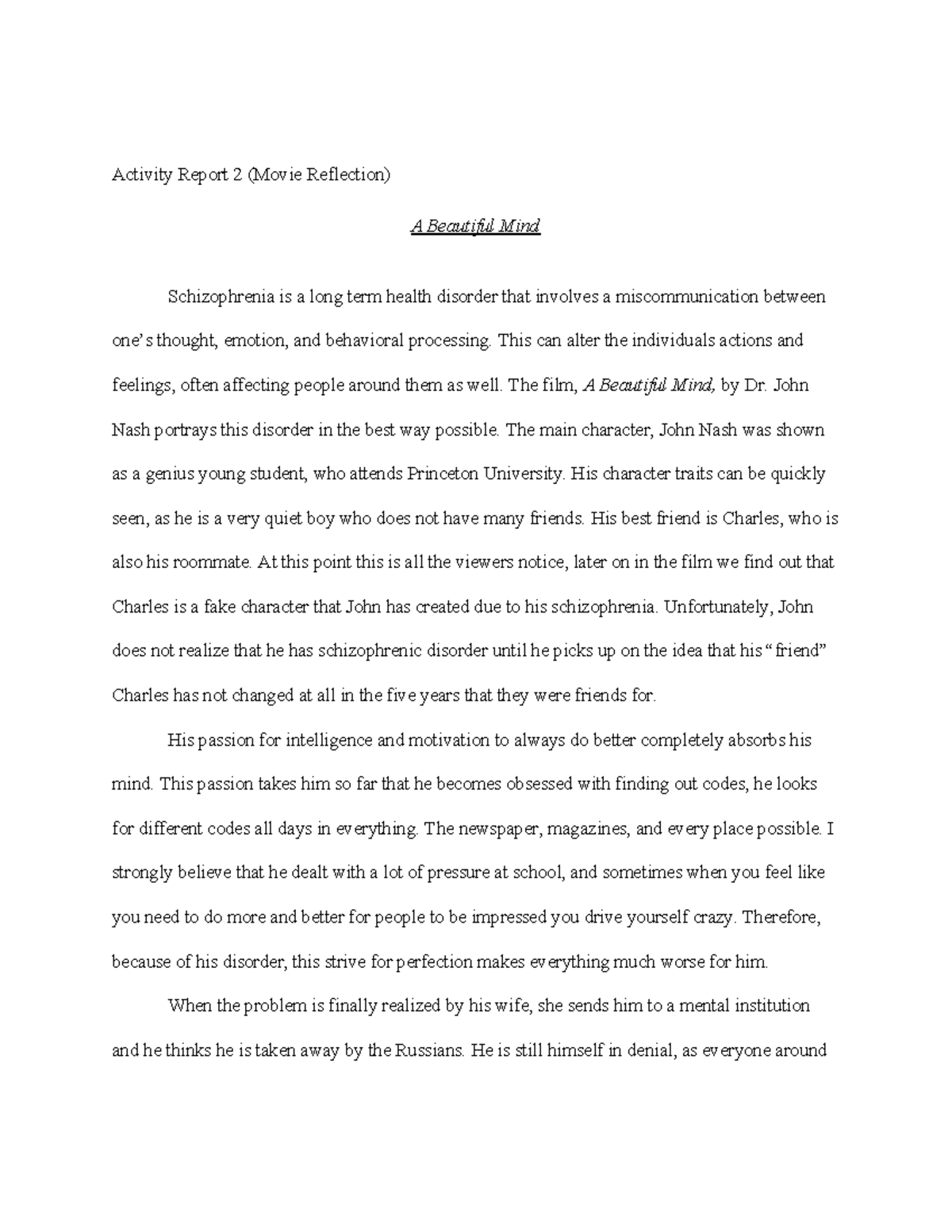 A Beautiful Mind - Grade: A - Activity Report 2 (Movie Reflection) A ...
