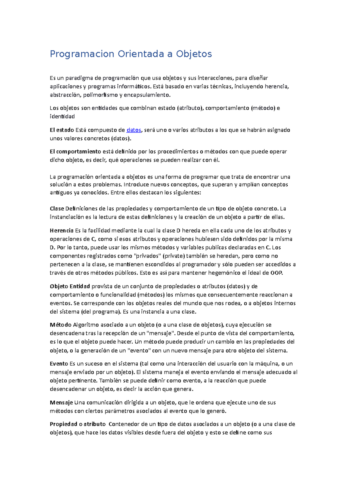 Resumen LP2 - Programacion Orientada a Objetos Es un paradigma de programación que usa objetos y ...