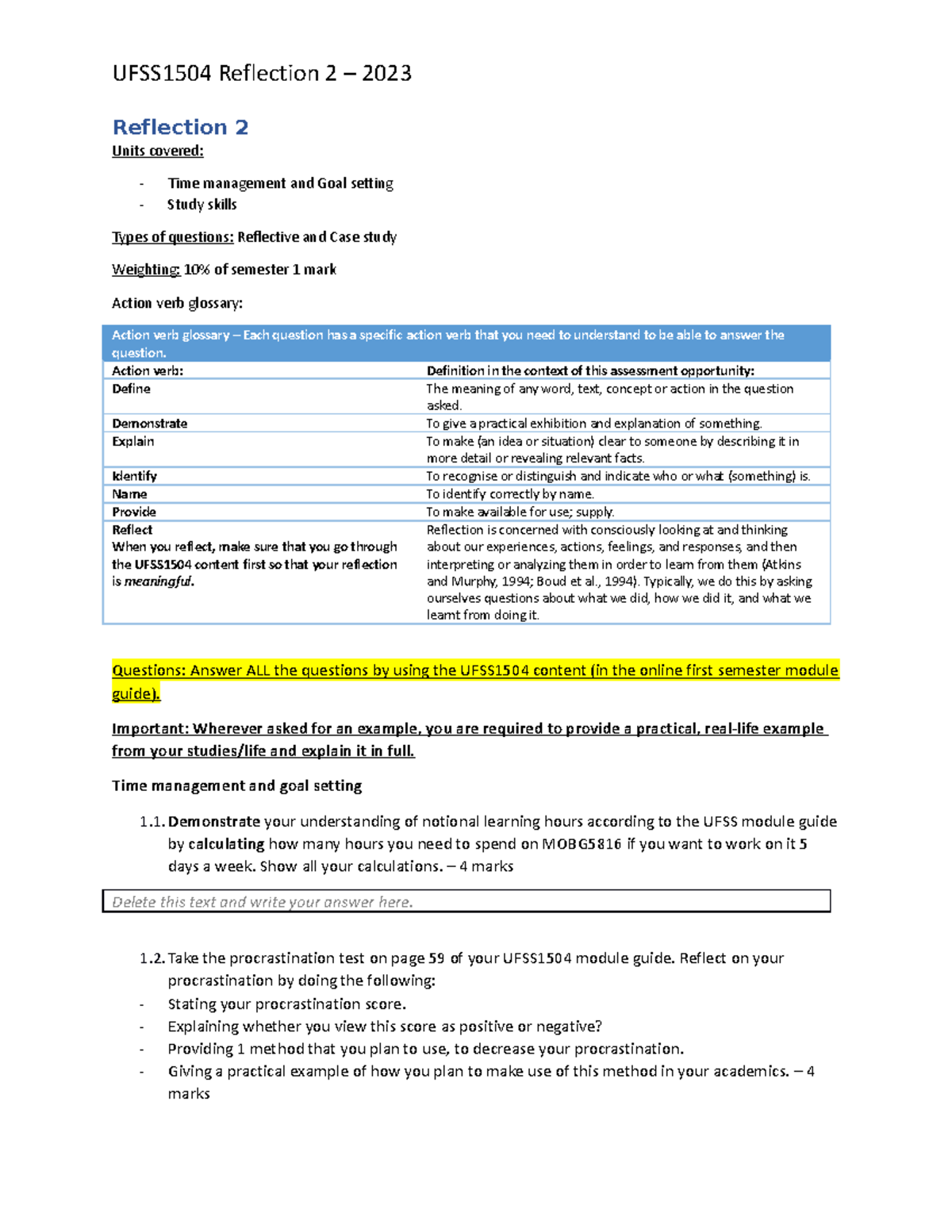 Reflection 2 worksheet Final - ufss1504 - UFS UV - Studocu