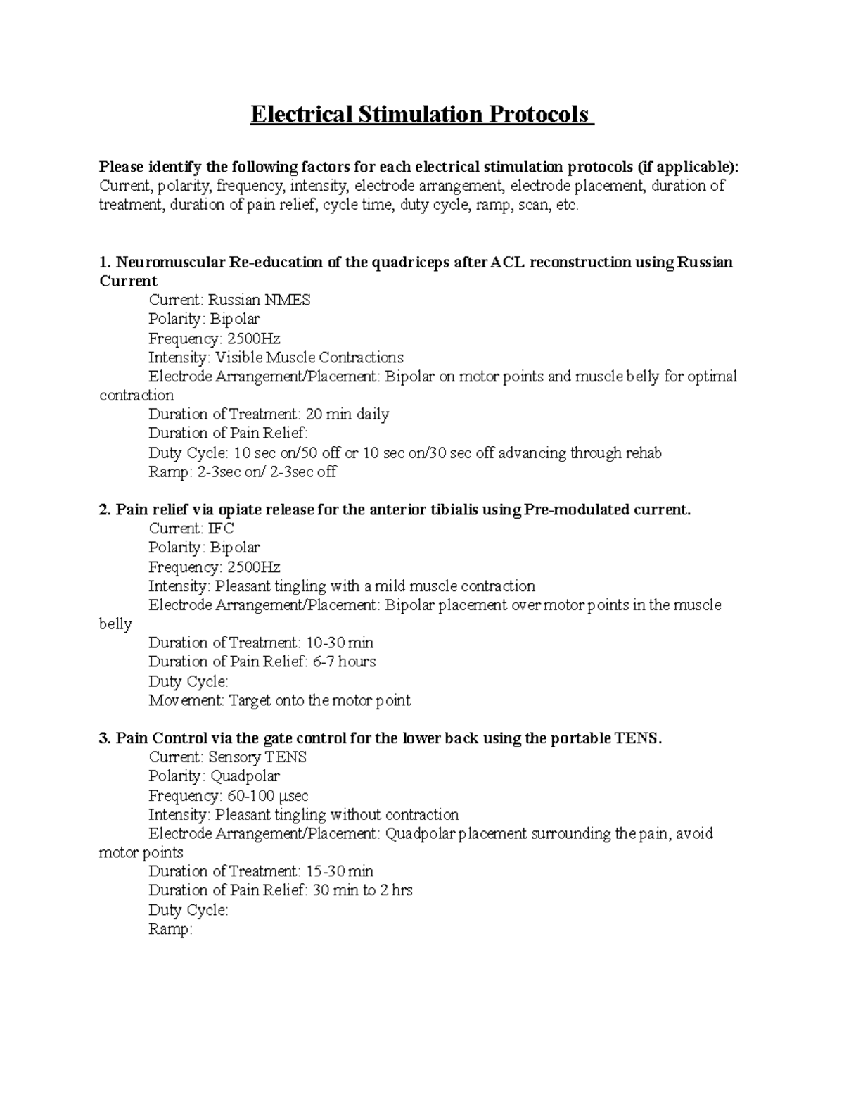Treatment Protocols MOD - Electrical Stimulation Protocols Please ...