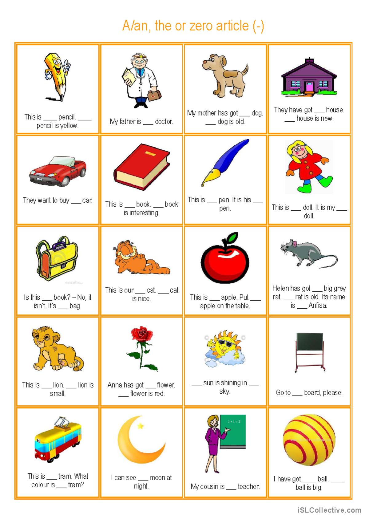 Articles - English exercises - A/an, the or zero article (-) This is ...