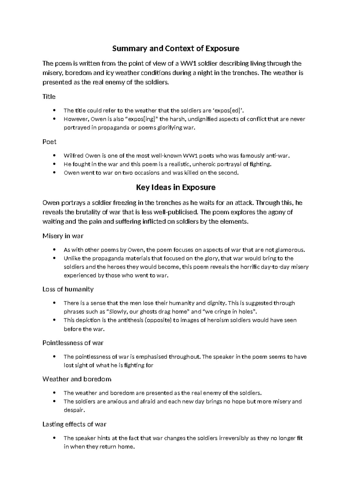 Exposure - gcse - Summary and Context of Exposure The poem is written ...