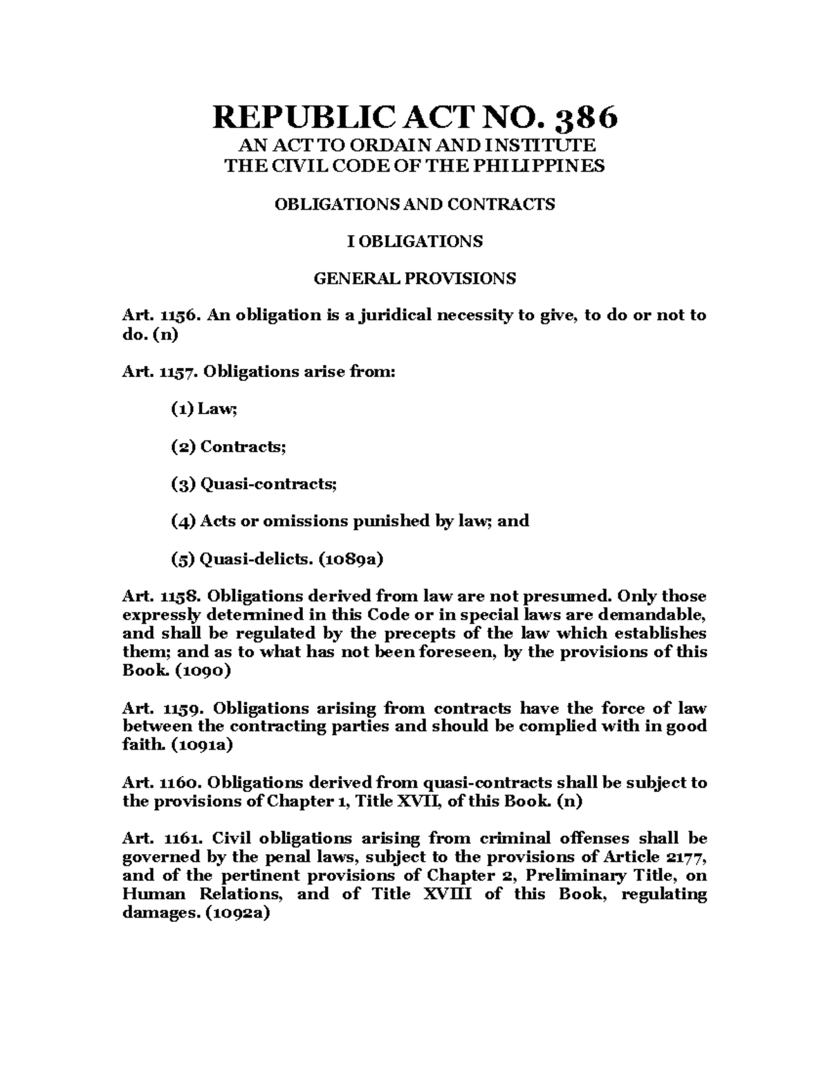 Civilcodeoblicon Law On Obligations And Contracts Or Oblicon Is A