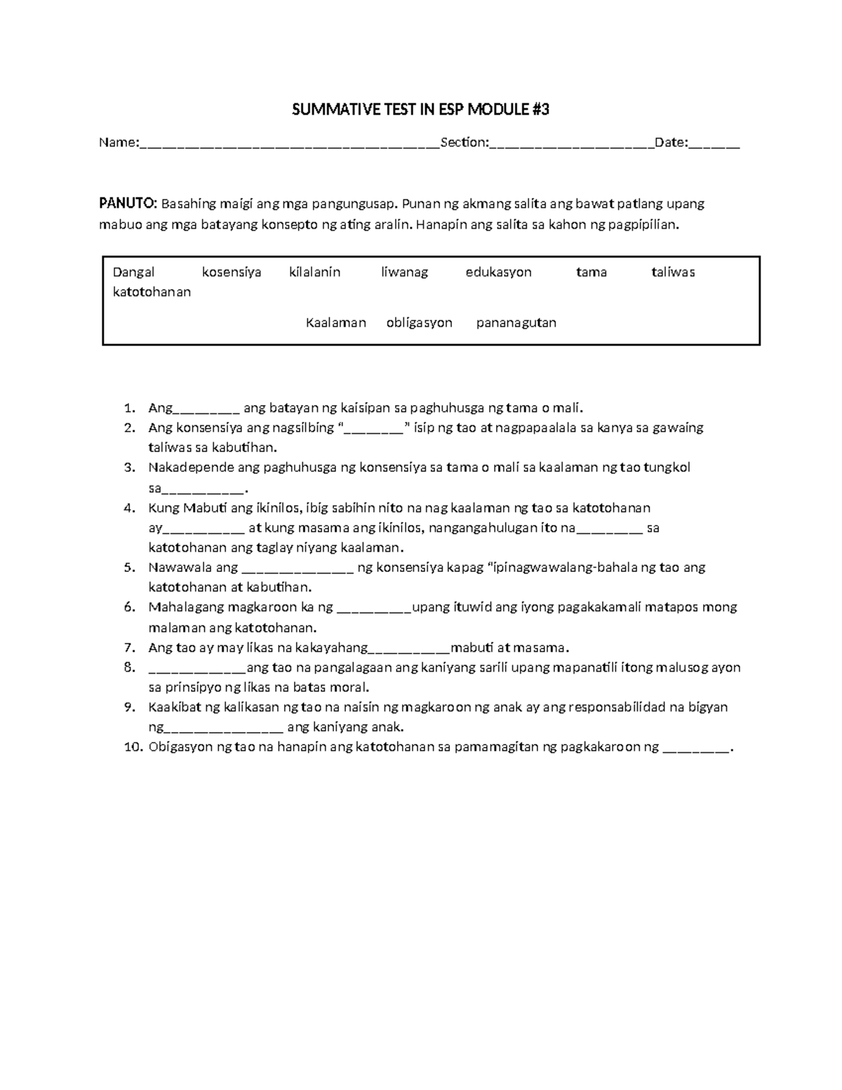 answer sheet in esp module 4 g10 - SUMMATIVE TEST IN ESP MODULE - Studocu