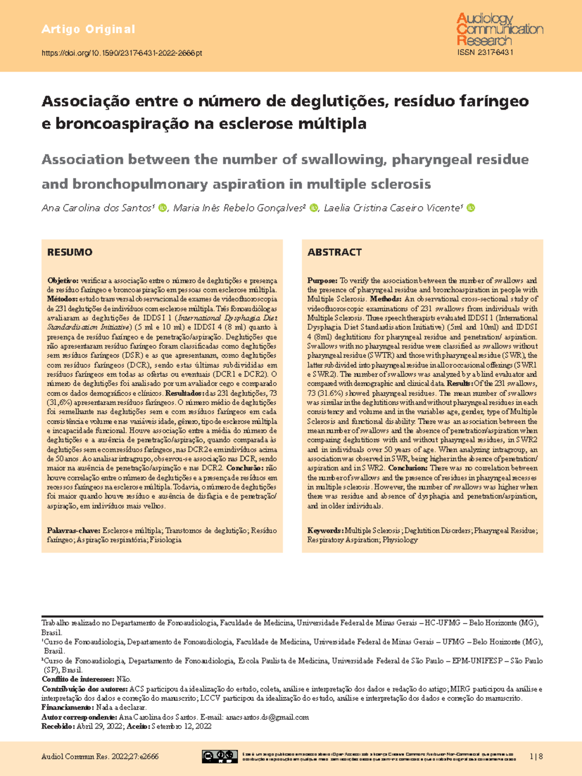 Broncoaspiracao - Hebs - doi/10.1590/2317-6431-2022-2666pt ISSN 2317- Artigo Original Audiol ...